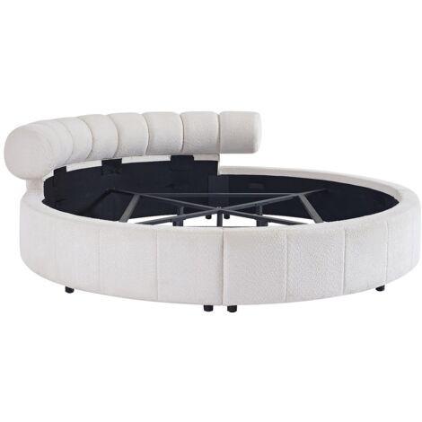 Lit rond 220 x 220 cm - Tissu bouclette - Blanc + Matelas - ROGILA