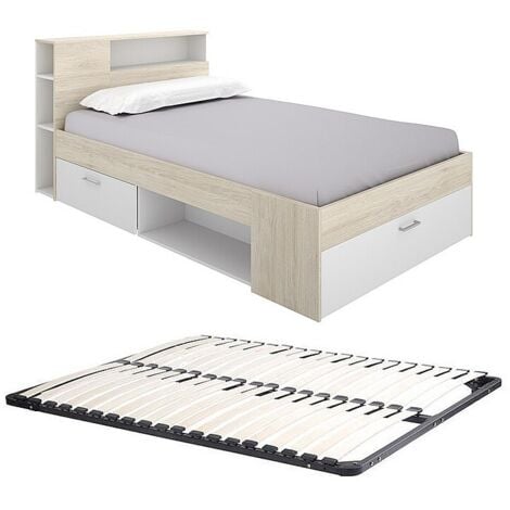 Lit avec tête de lit rangements et tiroir - 120 x 190cm - Coloris : Naturel et blanc + Sommier ...