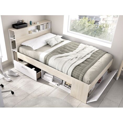 Lit avec tête de lit rangements et tiroir - 120 x 190 cm - Naturel et blanc + Sommier + Matelas ...