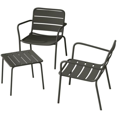 Salon de jardin en métal - 2 fauteuils bas empilables et une table d'appoint carrée - Gris ...