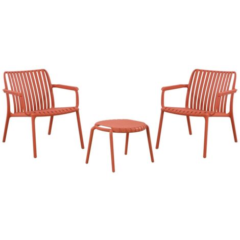Salon de jardin en polypropylène : 2 fauteuils bas empilables et une table basse - Rouge - SESEH ...