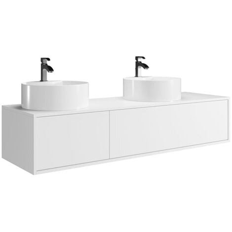 Meuble de salle de bain suspendu blanc avec double vasque à poser ronde ...