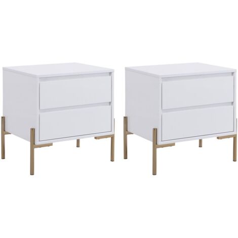2er-Set Nachttische mit 2 Schubladen - MDF & Metall - Weiß lackiert & Goldfarben - KORASA von ...