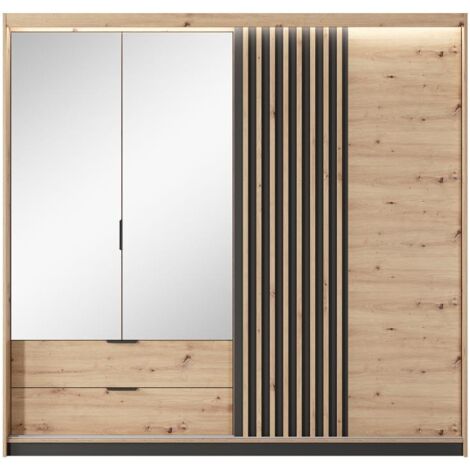Kleiderschrank - 3 Türen und 2 Schubladen - Spiegel und LED-Beleuchtung ...