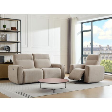 Relaxsofa 3-Sitzer & Relaxsessel elektrisch - Stoff - Beige - LORGITA
