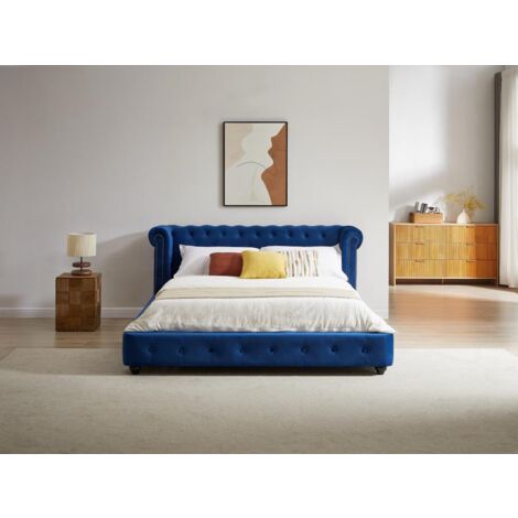 Cama chesterfield 160 x 200 cm - Terciopelo - Azul rey - TONGERLA