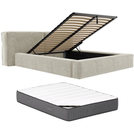 Letto con contenitore 180 x 200 cm Tessuto bouclette Beige + Materasso ...