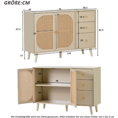 Buffet meuble de rangement blanc cassé en rotin de 120 cm de large ...