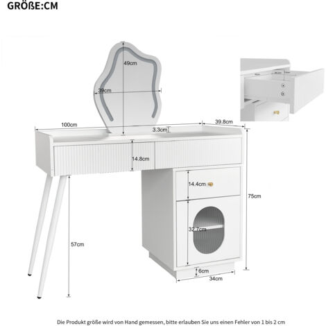 Coiffeuse miroir LED, avec meuble bas et 3 tiroirs, 100x75x40cm ...
