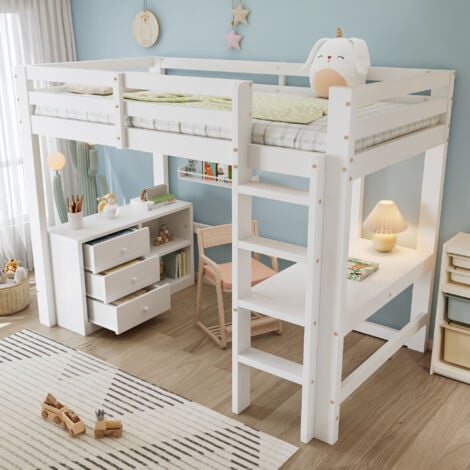 Lit mezzanine - Lit enfant 90 x 200 cm avec bureau intégré, commode à ...