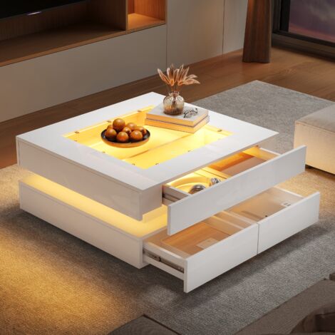 MODFU - Table basse carrée 70 x 70 x 35 cm, plateau verre trempé, 3 ...