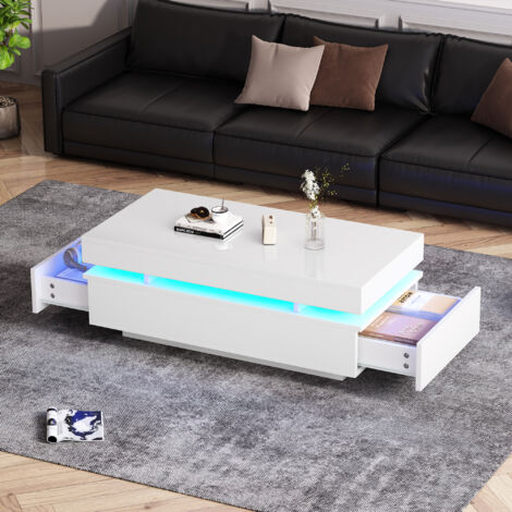 Table basse lumineuse blanche brillante avec LED et 2 grands tiroirs ...