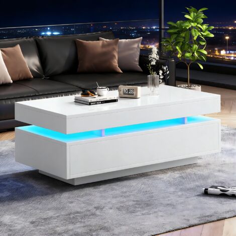 Table basse lumineuse blanche brillante avec LED et 2 grands tiroirs ...