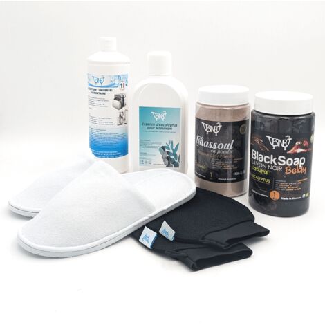 Pack Hammam Essentiel - 1L Détartrant, 1L essence eucalyptus, 1Kg Ghassoul, 1Kg Savon noir ...