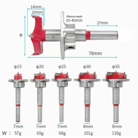 Wood drill 5 pieces 1535 mm wood countersink form drill set with adjustable positioning carbide hole saw with depth stop depth range 1040 mm