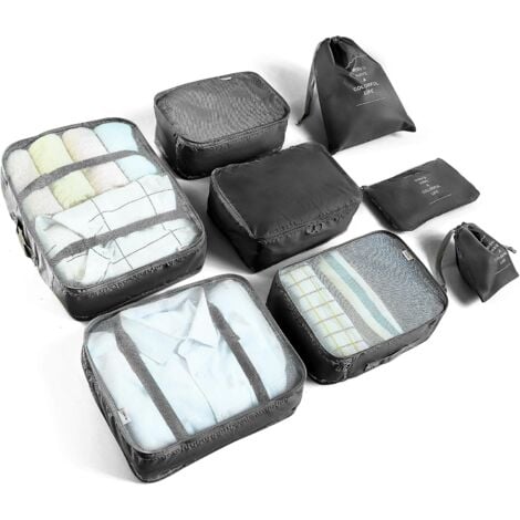 8 Piece Suitcase Organizer Set for Travel Packing Cubes Bags for Clothes Cosmetics Black
