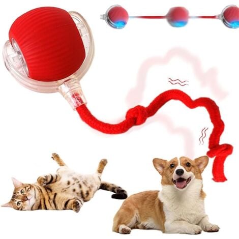 Interactive Rolling Cat Dog Ball Upgraded Self Moving Dog Toy Electric Dog Ball Toys Active Rolling Ball for Dogs 360 Smart Automatic Rolling Pet Ball with Tail Red