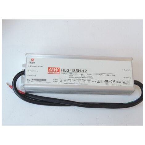 Driver LED 230V AC / 12V DC puissance 185W pour LED blanc ou RGB étanche IP67 Meanwell HLG-185H ...