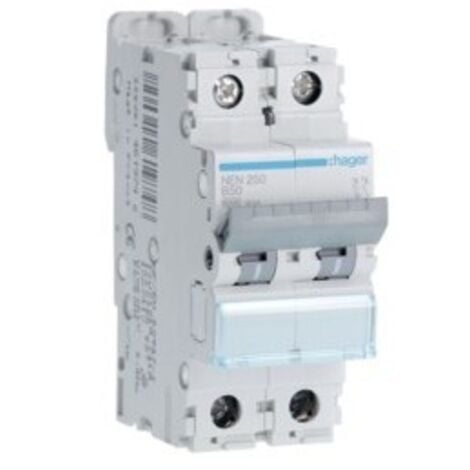 Disjoncteur 50A 2P courbe B 2 modules 6-10kA bornes à vis pour pose sur rail DIN modulaire HAGER