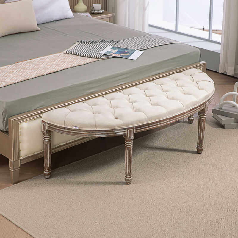 HOMCOM Half Circle End Bench Ottoman Footstool Button Tufting Padded Seat Dark Wood Grain