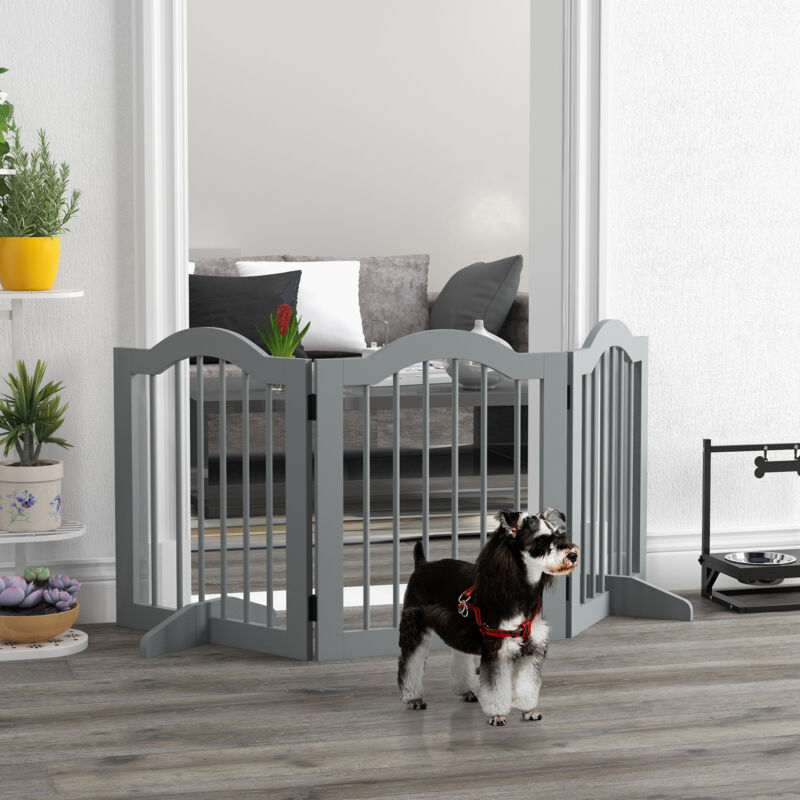 PawHut Freestanding Pet Gate Wooden Dog Gate with Support Feet for Doorway Stairs Grey