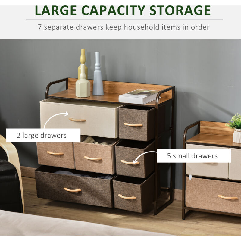 HOMCOM 3 Tier Fabric Bedroom Dresser with 7 Foldable Drawers Multi Colored