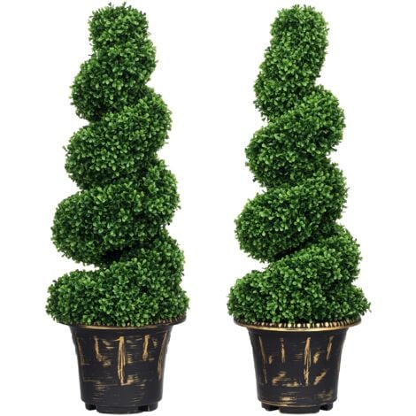 HOMCOM Set of 2 Potted Artificial Plants, Topiary Spiral Boxwood Trees ...