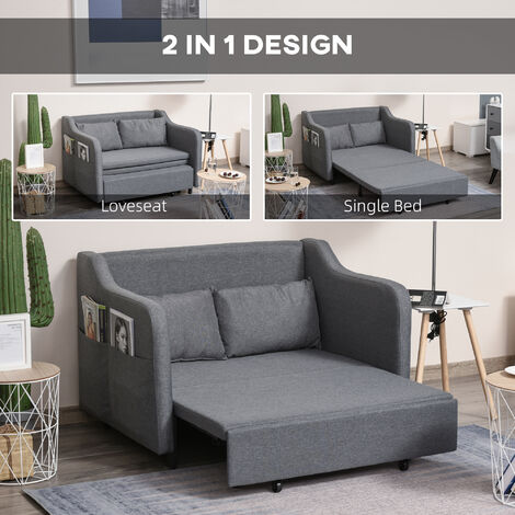 HOMCOM Pull Out Sofa Bed Fabric 2 Seater Sofa Couch with Pillows Grey