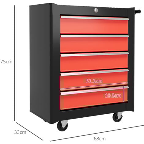 HOMCOM 5-Drawer Tool Chest Steel Lockable Tool Storage Cabinet w/ Wheels Red, Black