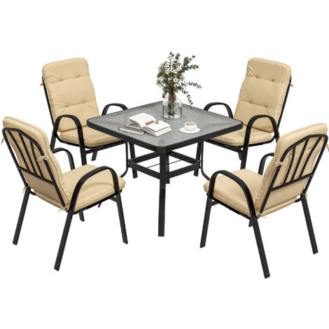 Outsunny Garden Dining Set, Glass Table w/ Umbrella Hole Beige