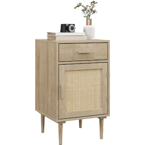 HOMCOM Bedside Table with Rattan Drawer, Cabinet and Adjustable Shelf ...
