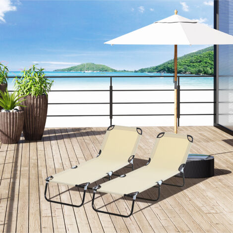 Outsunny Foldable Sun Lounger Set, Portable Sun Bed with Mesh Fabric, Beige