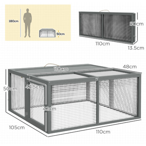 PawHut Rabbit Hutch, Folding Wooden Rabbit Run with Openable Top, Grey