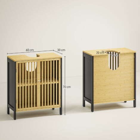 HOMCOM Under Sink Bathroom Cabinet, Bamboo Sink Storage Cabinet Slat Doors