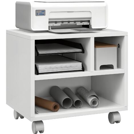 HOMCOM 2 Tier Printer Stand with Storage Under Desk Printer Cart on Wheels with 3 Compartments Desktop Printer Table for Home Office White