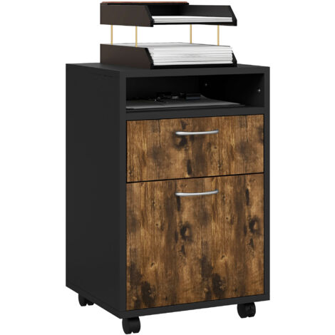 HOMCOM 60cm Filing Cabinet with Drawers and Open Shelf, Rustic Brown