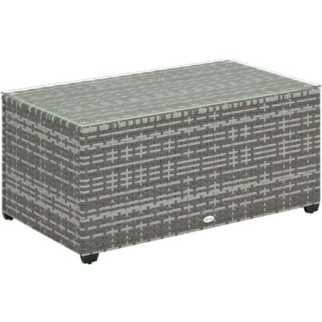 Outsunny Outdoor Coffee Table, Glass Top Rattan Side Table, Light Grey
