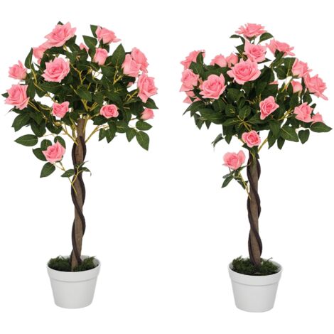 Outsunny Set of 2 90cm Artificial Rose Tree, Fake Decorative Plant, Pink