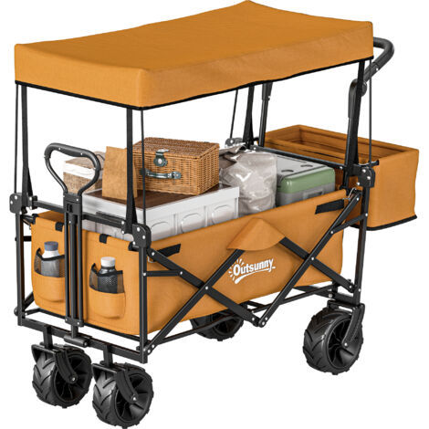 Outsunny Outdoor Push Pull Wagon Stroller Cart w/ Canopy Top Orange