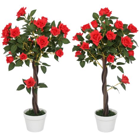 Outsunny Set of 2 90cm Artificial Rose Tree, Fake Decorative Plant, Red