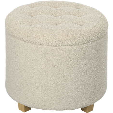HOMCOM 45cm Round Ottoman with Storage, Lid, Cashmere Footstool, Cream ...