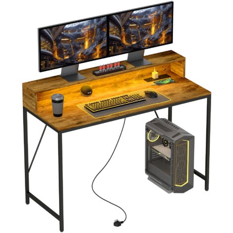 HOMCOM Computer Table with LED Lights, Gaming Desk with Shelf, Rustic Brown