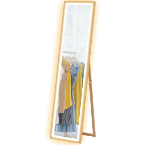 HOMCOM Dimming Full Length Mirror w/ Lights Standing Leaning Wall Mount Oak