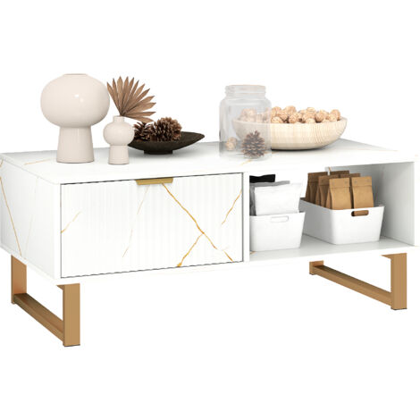HOMCOM Coffee Table, Living Room Table with Drawer and Open Shelves, White