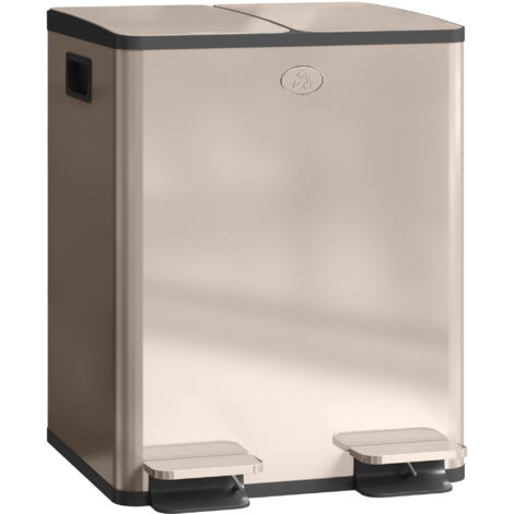 HOMCOM 2 x 20L Dual Kitchen Bin Pedal Bin for Recycling and Waste, Gold ...