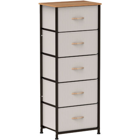 HOMCOM 5 Drawer Fabric Chest of Drawers w/ Wooden Top for Hallway Cream