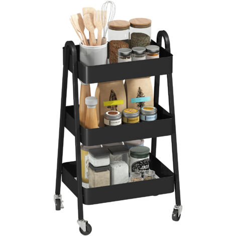HOMCOM 3-Tier Rolling Utility Cart Kitchen Storage Trolley on Wheels Black