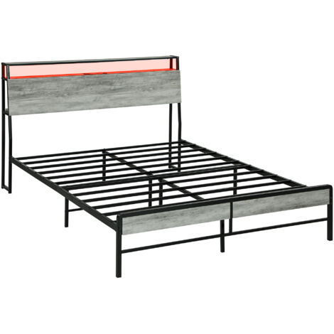 HOMCOM LED Double Bed Frame with Charging Station, 135 x 190cm, Cement Grey