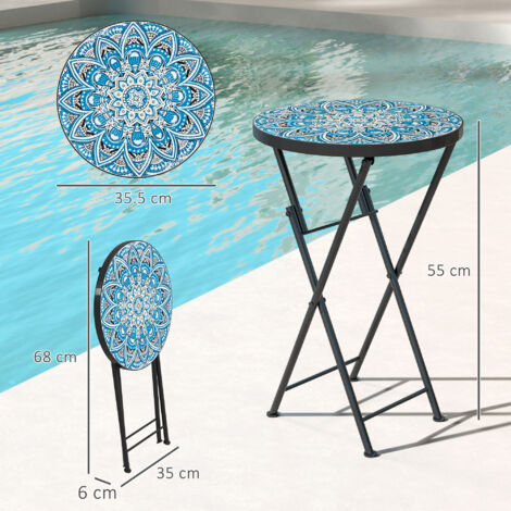 Outsunny Mosaic Garden Table, 35.5cm Folding Coffee Table, Blue