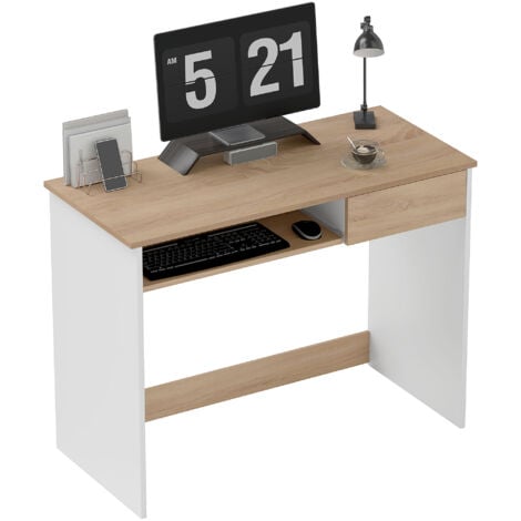 HOMCOM Compact Computer Table with Keyboard Tray and Drawer, Oak